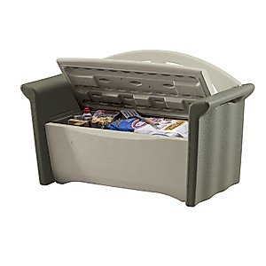 Rubbermaid Resin Weather Resistant Deck Box Bench, 4' L x 2'1" W x 3' H, Olive/Sandstone, Storage for Garden/Pool Accessories/Cushions, Indoor/Outdoor Home Organization Bin