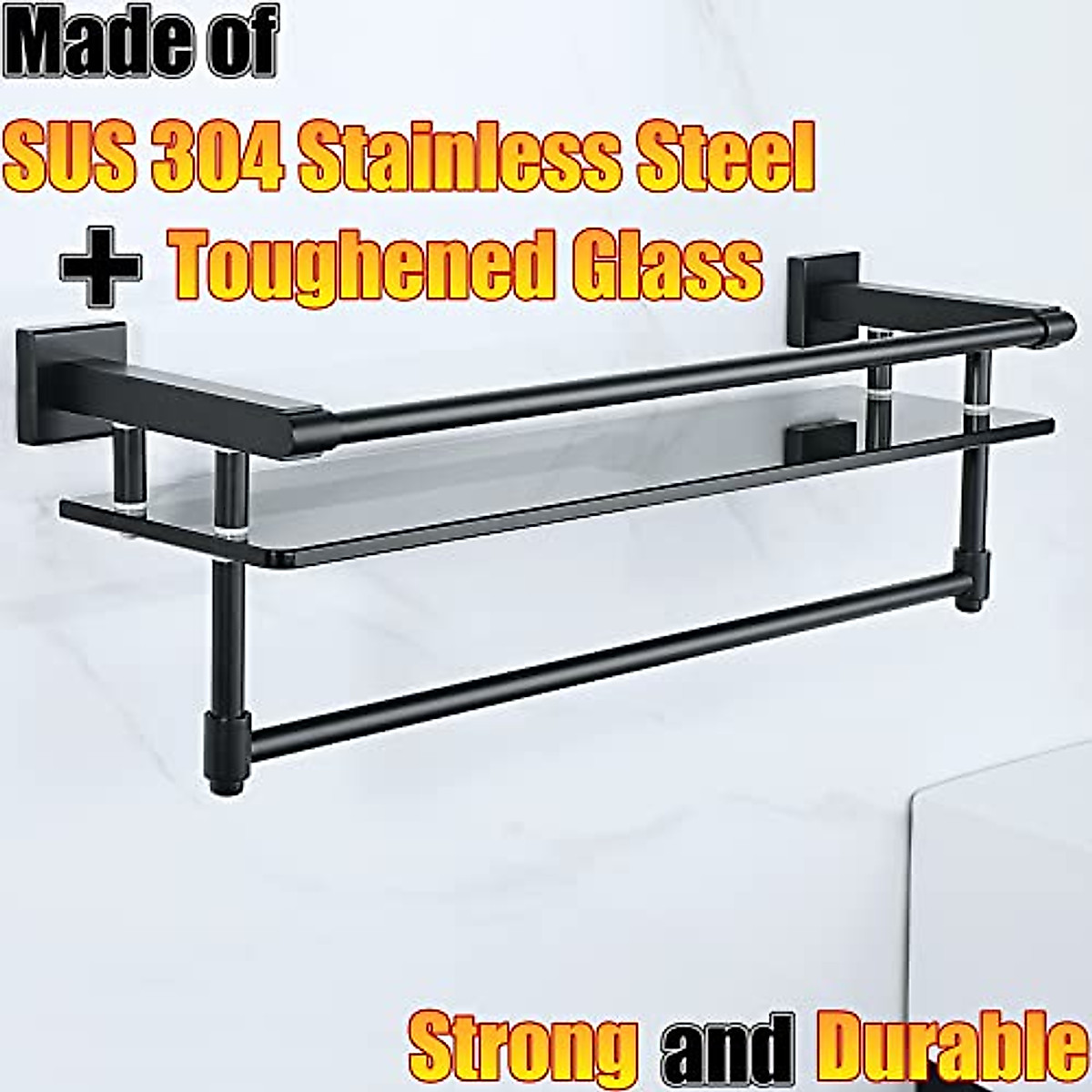 Alise Bathroom Shelves Glass Shelf with Bar,Wall Mount Floating Shelves for Bathroom,1 Tier Tempered Glass Rack Holder Storage Organizer,SUS 304 Stainless Steel Rack,Matte Black