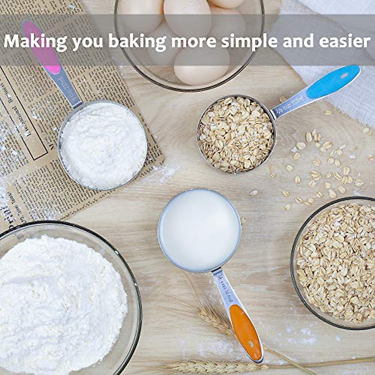 15 Pcs Stainless Steel Measuring Cups and Spoons Set, YIHONG Metal Measuring Cups and Spoons with Silicone Handle for Cooking & Baking, Includes 7 Cups, 7 Spoons and 1 Leveler