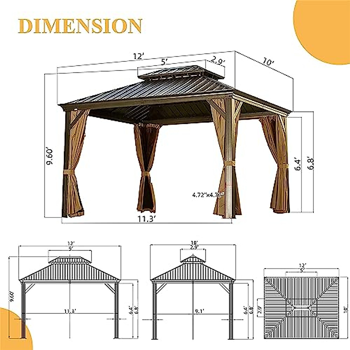 Goohome Hardtop Gazebo 10 x12FT, Aluminum Frame Double Roof Gazebo with Mosquito Net and Curtains, Steel Hard Top Waterproof Pergola for Shade and Rain for Lawn, Backyard, Deck, Patio