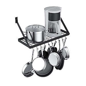 Hoooh Square Grid Wall Mount Pot Rack Storage Shelf with 10 Hooks, Kitchen Cookware Hanging Organizer, Black, KPR301A-BK