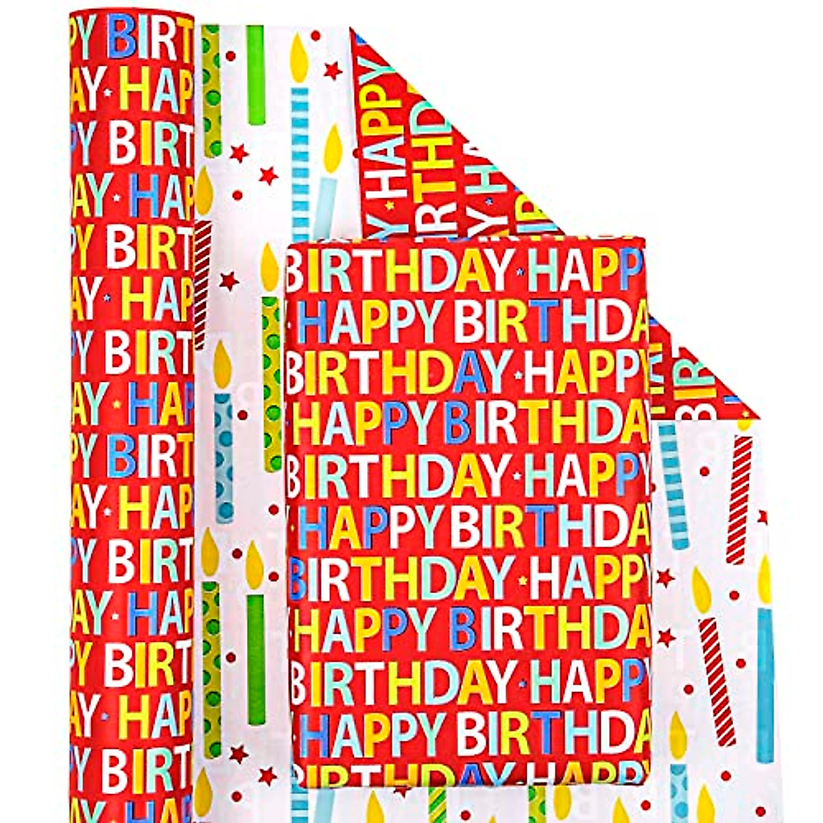 WRAPAHOLIC Birthday Reversible Wrapping Paper - Mini Roll - 17 Inch X 33 Feet - Happy Birthday Lettering on Red Design for Birthday, Holiday, Party, Baby Shower