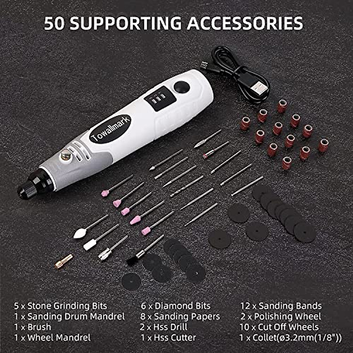 Rotary Tool Kit, Towallmark Cordless Rotary Tool 3.6V with 50 Accessories, USB Rechargeable, 3 Speed Mini Rotary Tool Multi-Purpose for Sanding, Polishing, Drilling, Engraving, DIY Small Projects