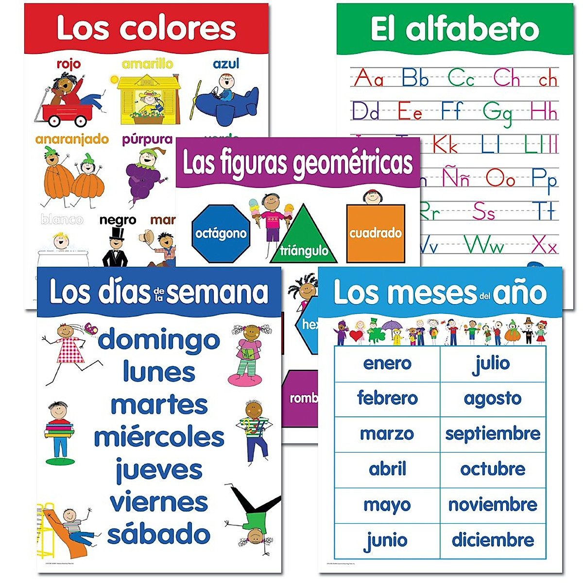 Creative Teaching Spanish Basic Skills, 5-Chart Pack (Colors, Alphabet, Geometry)