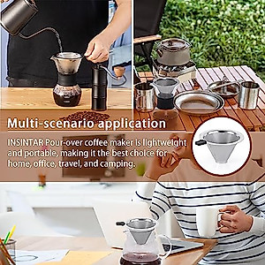 INSINTAR Pour Over Coffee Dripper Reusable Stainless Steel Pour Over Coffee Maker Cone Coffee Dripper Slow Drip Paperless Coffee Filter for 1-2Cup