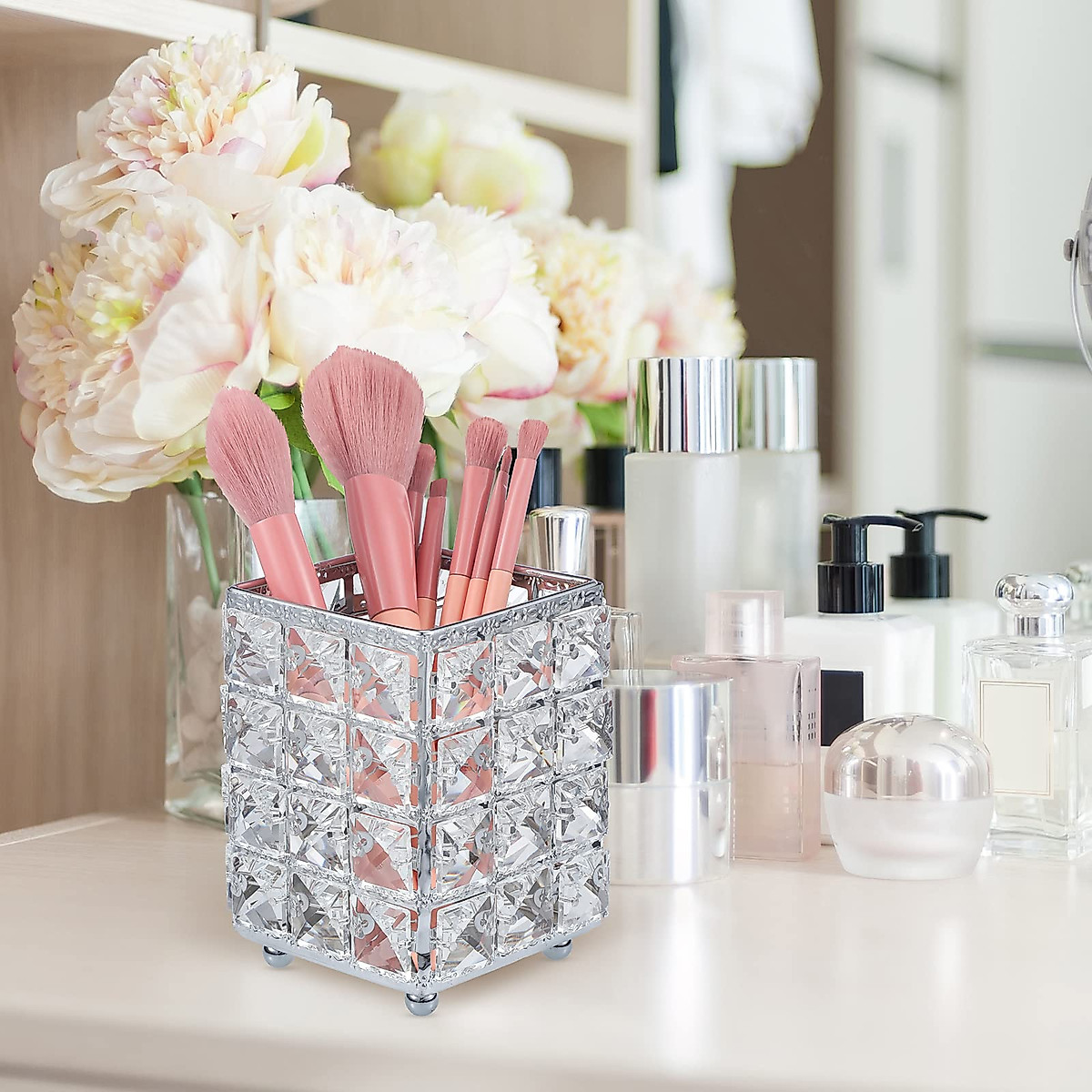 2 Packs Crystal Makeup Brush Holder Organizer Cosmetics Brushes Storage Cup Handcrafted Pen Pencil Holder Container, Square (Silver)
