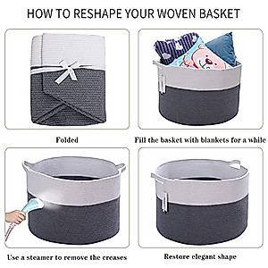 Extra Large Storage Basket, Woven Cotton Rope Blanket Basket for Nursery and Home, Fabric Laundry Basket with Handles for Living Room, Laundry Room, Kids Room and Bedroom, White and Gray