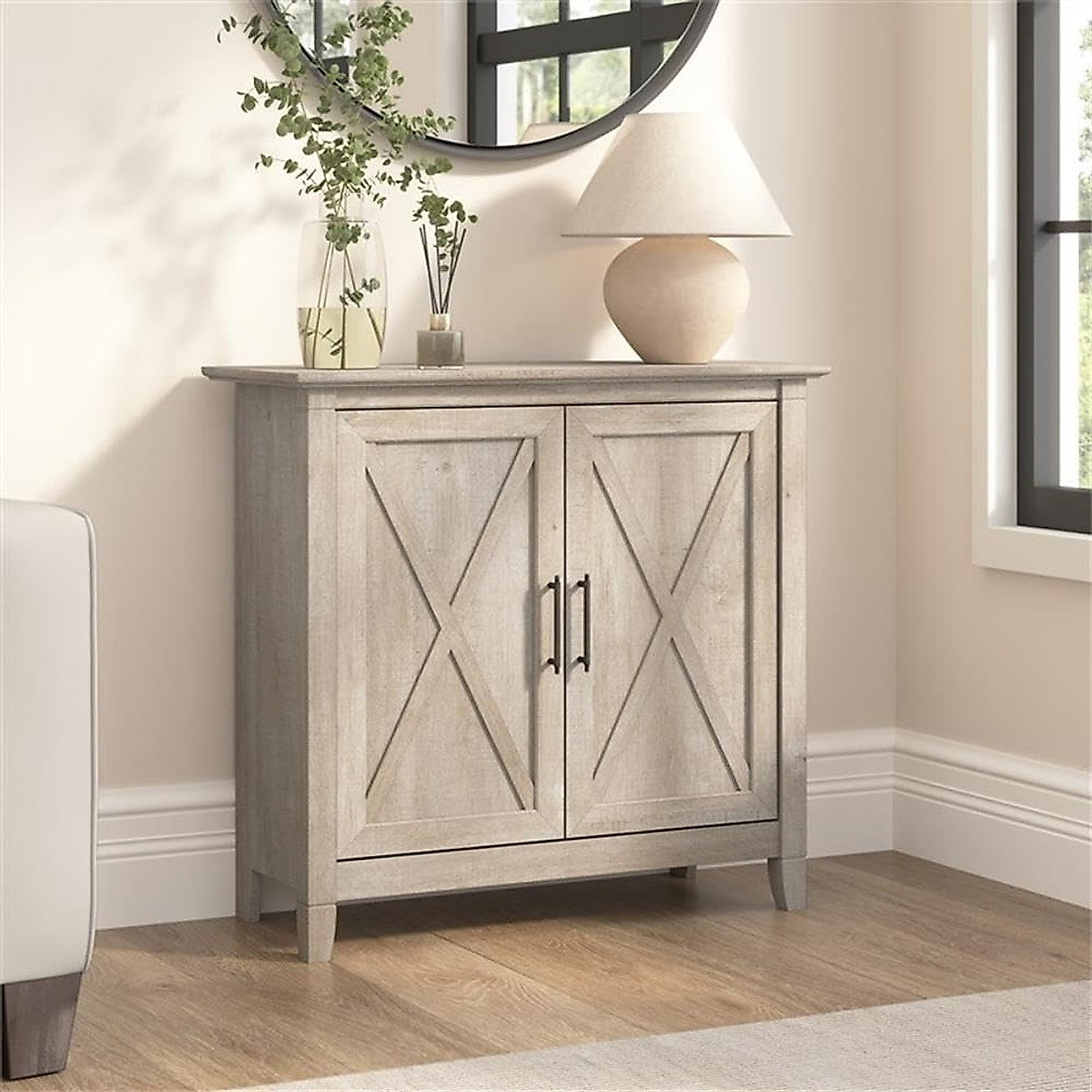 Bush Furniture Key West Small Storage Cabinet with Doors and Shelves in Washed Gray, 2 Door Accent Chest for Home Office, Living Room, Entryway