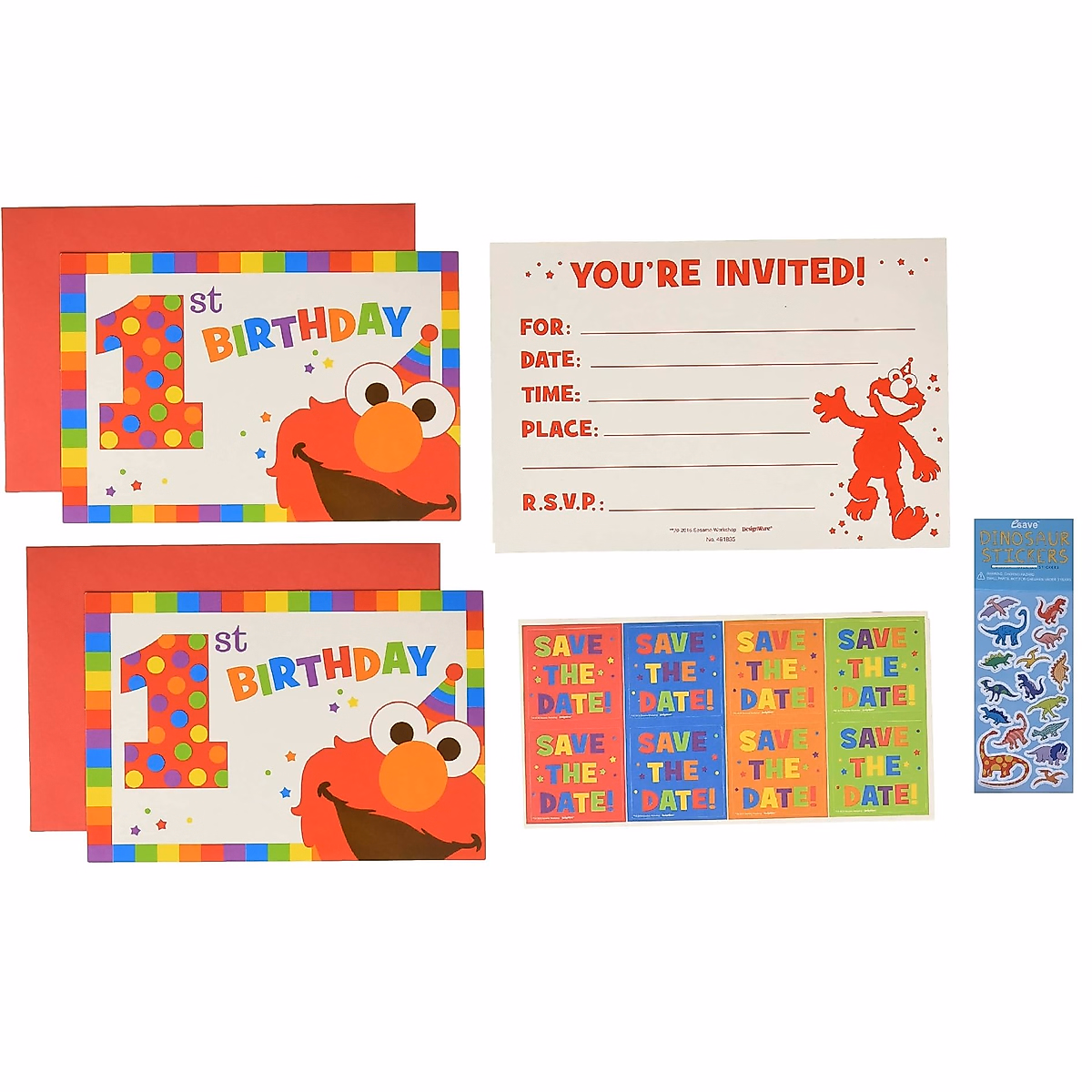 Amscan Sesame Street 1st Birthday Party Supplies Bundle Pack includes 16 Party Invitations with Envelopes, 16 Save the Date Stickers
