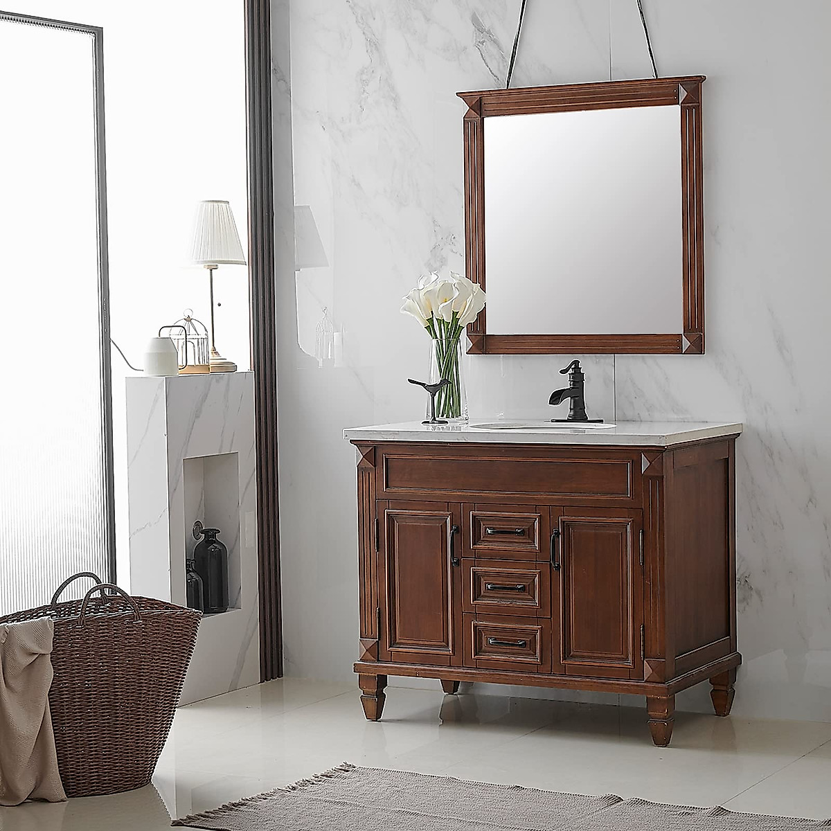 BWE Black Bathroom Faucet Matte Waterfall Sink Farmhouse Bath Vanity Single Hole Bundle with Kitchen Sink Faucet with Deck Plate Matte Black with Pull Down Sprayer 3 Spray Modes