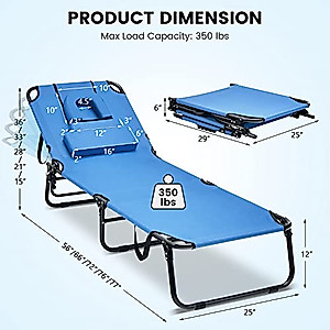 GYMAX Tanning Chair, 350lbs Beach Lounge Chair with Face Hole, Detachable Washable Pillow & Carry Strap, Adjustable Folding Chaise Lounge, Layout Chair for Outside, Patio, Poolside, Lawn (2, Blue)