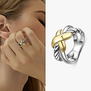 Aprilery Gold and Silver Cross Rings for Women, Fashion Statement Ring X Knot Band Chunky Twisted Cable Wire Ring Jewelry for Her (X Knot, 7)