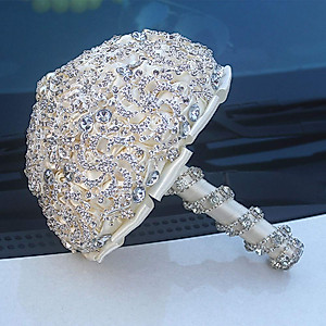 DOTKV Wedding Bouquet with Silver Luxury Artificial Diamond,Set Including Bouquets, Wrist Flowers,Corsage for Your Wedding with Full Hand-Made (Silver+Ivory)