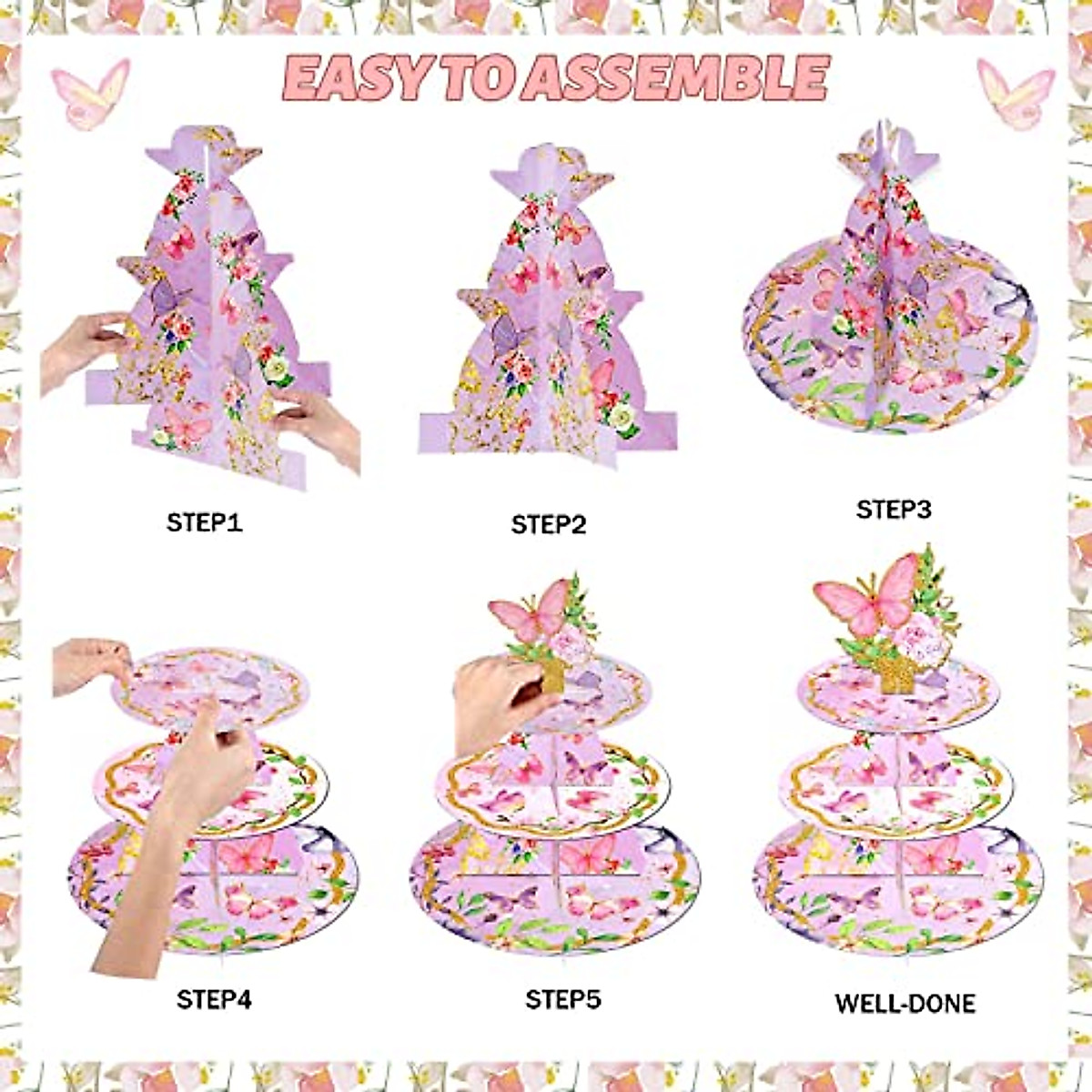 34 PCs Butterfly Cupcake Stand 3-Tier and Topper Set, Fiesec Floral Butterfly Birthday Party Decorations Baby Shower Supplies Cardboard Dessert Tower Holder Round Serving Stand 3D Butterfly for Girl