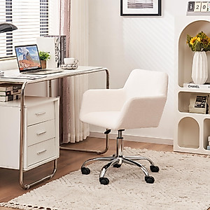Modern Faux Fur Home Office Chair, Upholstered Faux Fur Makeup Vanity Chair, White Furry Cute Desk Chair with Wheels & Chrome Base, Ergonomic Adjustable Swivel Task Chair for Girls Women Bedroom Study