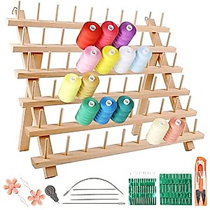 BigOtters Embroidery Thread Holder, 60 Spools Holder Wooden Thread Rack Braiding Rack with Needles Sewing Scissors Needle Threader for Embroidery Hair Separated Quilting and Sewing Threads