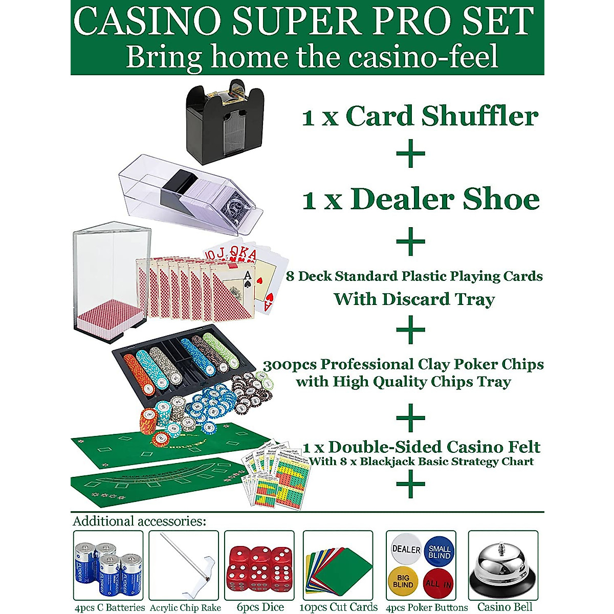 Ultimate Casino Game Set: 6 Deck Shuffler+300pc Hi-End Chips+8 Pro Plastic Poker Card+Card Shoe+Chip Rake+Felt+Accessories, Blackjack Set & Texas Holdem Kit, Poker Night Kit for Adult Casino Party