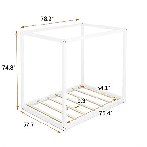 Harper & Bright Designs Full Canopy Bed Wood 4 Poster Panel Beds, Floor Bed Frame Full with Solid Wood Slat Support, Full Size Platform Bed for Kids Teens Adults, No Box Spring Needed, White