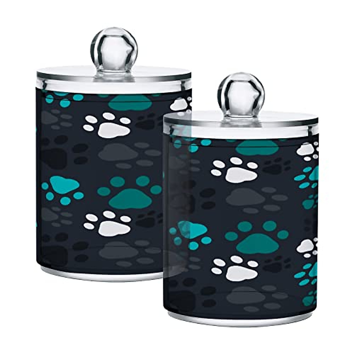 Kigai Cute Paw Prints Qtip Holder Dispenser - 14OZ Clear Plastic Apothecary Jars Food Storage Jar with Lids Bathroom Canister Organizer for Coffee, Tea, Candy, Floss (2Pack)