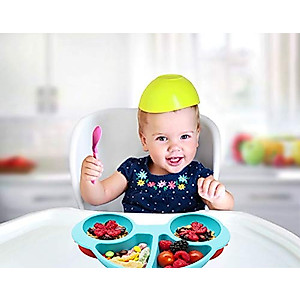 Silicone Divided Toddler Plates - Portable Non Slip Suction Feeding Plates for Children Babies and Kids BPA Free Baby Dinner Plate (Car-Blue)