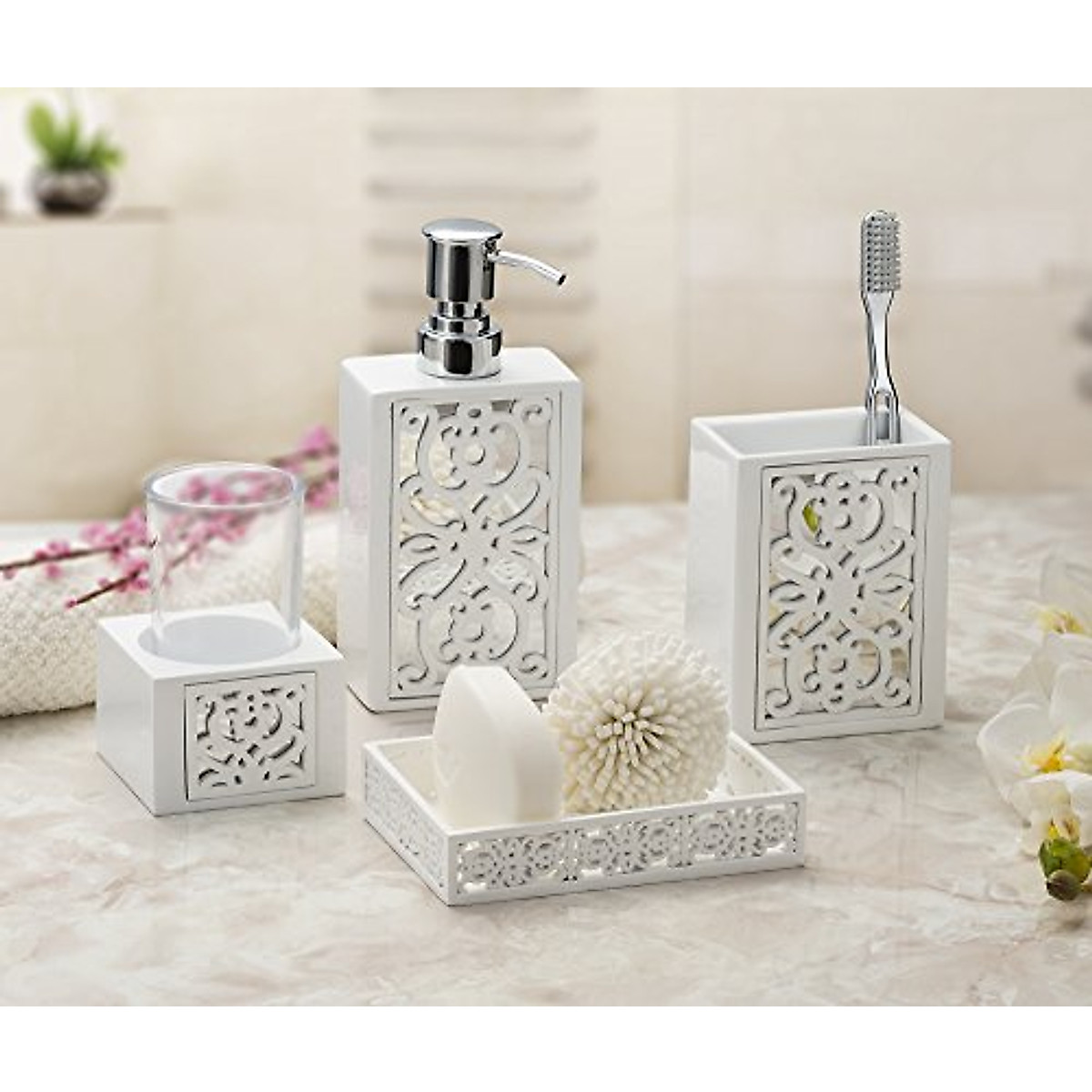 Creative Scents White Bathroom Accessories Set - Decorative 4 Piece Bathroom Set - Mirrored Bathroom Accessory Set Includes: Soap Dispenser, Toothbrush Holder, Soap Dish and Tumbler (Mirror Janette)