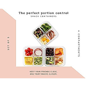 Komax Biokips Foodsaver Set, Square Lunch Box Containers with 4 Removable Compartments of 700ml (23.6 oz), Pack of 5