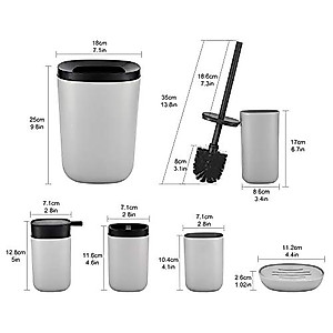 GERUIKE Bathroom Accessories Set 6 Piece Plastic Includes Soap Dispenser,Trash Can,Soap Dish,Toilet Brush Holder,Toothbrush Holder,Toothbrush Cup for Bathroom,Gray
