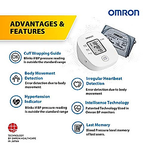 Omron Hem 7121J Fully Automatic Digital Blood Pressure Monitor with Intellisense Technology & Cuff Wrapping Guide Most Accurate Measurement (White) (Power Source - Battrey)