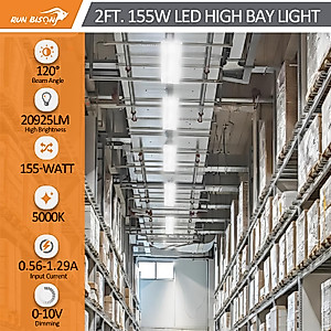 Run Bison 2FT LED Linear High Bay Fixture, 155W LED Shop Light, 20,925lm 135LM/W, 120-277V, 5000K Daylight Linear Hanging Light, UL&DLC Listed - 1PK
