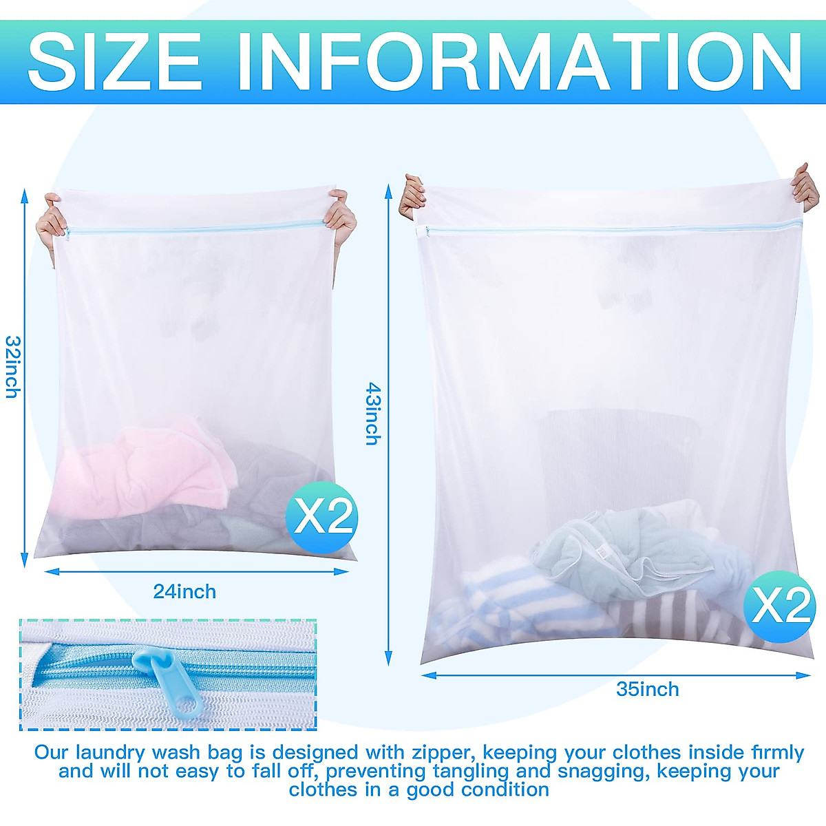 Windyun 4 Pieces Jumbo Mesh Laundry Bags, 43 x 35 and 24 x 32 Inches Large Mesh Wash Bags Zippered Garment Bag for Washing Machine Garment Dirty Clothes Washer Dryer Net Protector