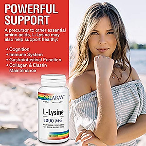 SOLARAY L-Lysine, Free-Form 1000mg | Amino Acid | Healthy Cognitive, Immune System, Bones & Skin Support | 90ct, 30 Serv