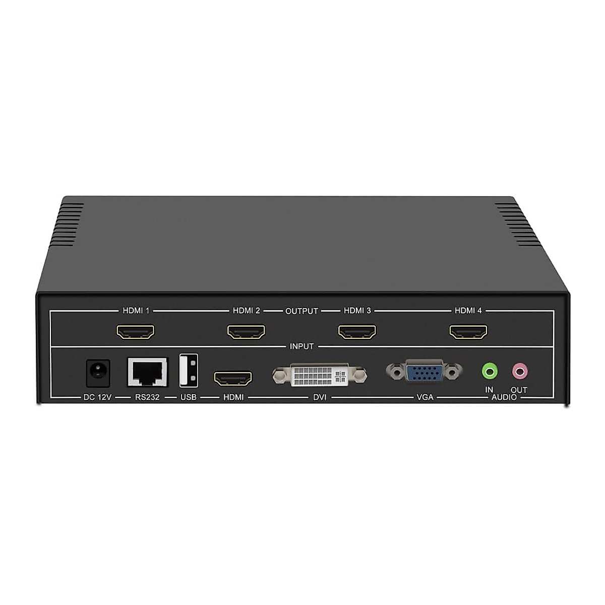 Video Wall Controller 2x2,Multi-Screen procrssor 4K@60HZ 4-Way HDMI/USB(Flash Drive)/DVI/VGA Input,with 11 Splicing Modes,180°Rotate,Supporting 1 VGA, 1 DVI, 1 USB, and 1 HDMI Input