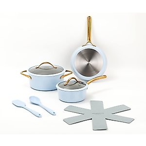 PHANTOM CHEF 8 Piece Luxe Cookware Set | Non-Stick Ceramic Coating | Oven & Dishwasher Safe | PFOA-Free | Aluminum Pots & Pans Set with Glass Lids | Induction Stovetop Compatible (Light Blue)