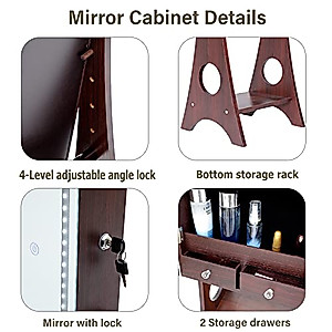 BOSTANA 6 Led Jewelry Cabinet Mirror Standing, Jewelry Organizer Touch Control & 4 Adjustable Angle,Full Length Mirror Jewelry Armoire With Storage Rack & Lockable Mirror For Livingroom,Gift