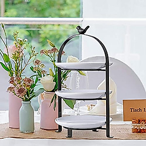 SparkWorks 3 Tiered Cake Stand, Tea Party Serving Platter, Dessert and Cupcake Stand, Metal Tiered Serving Stand Includes Three Premium White Stoneware Plates