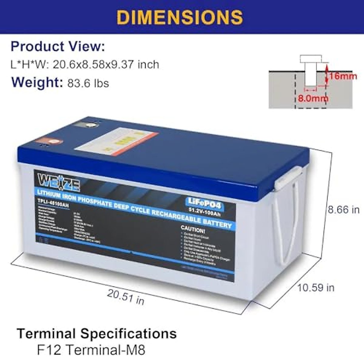 WEIZE 48V 100Ah LiFePO4 Lithium Battery, Built-in 100A Smart BMS, Up to 8000 Deep Cycles, Perfect for RV, Solar System, Marine, and Off Grid Applications