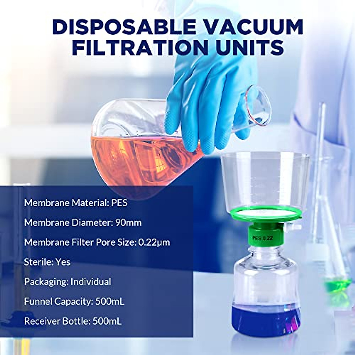 Membrane Solutions Sterile Disposable Vacuum Filter Units with 0.22um PES Membrane, 500mL, 4/CS