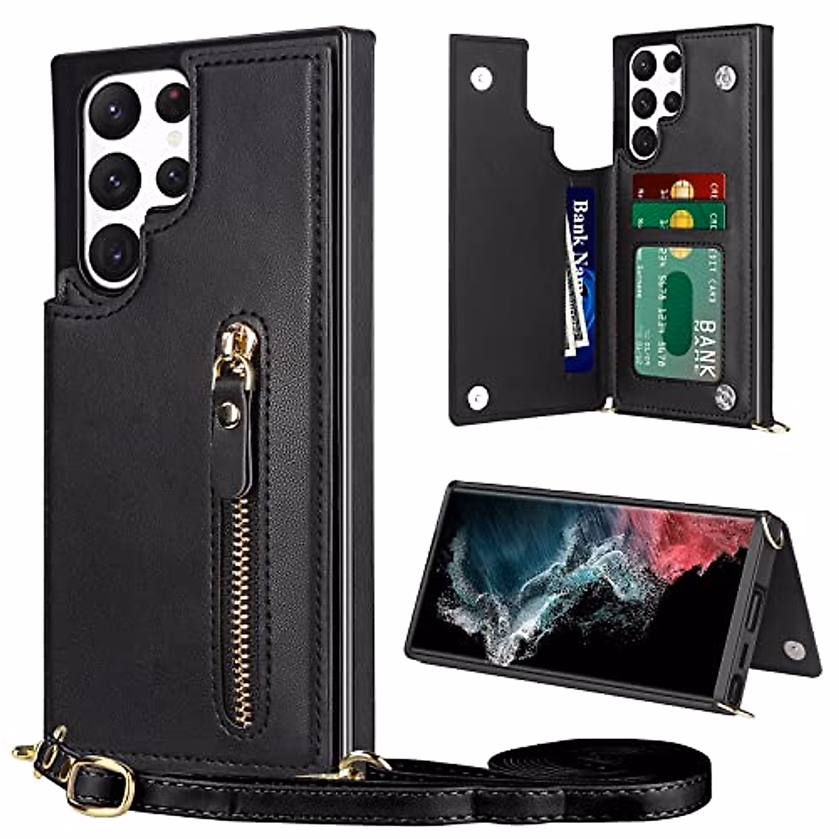 Vofolen Wallet Case for Samsung Galaxy S22 Ultra with Card Holder Lanyard Neck Crossbody Detachable Strap Zipper Purse Square Flip Slim PU Leather Double Magnetic Clasp Kickstand Cover 6.8 inch Black