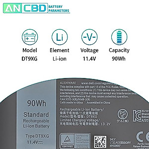 ANCBD DT9XG Laptop Battery for Dell Alienware Area-51m R1 R2 D1968W D1968B D1969PW D1733B D1746W D1735DB D1733PB D1766W D1748DW D1746B D1766B D1741DB Series 07PWKV 0KJYFY (11.4V 90Wh)