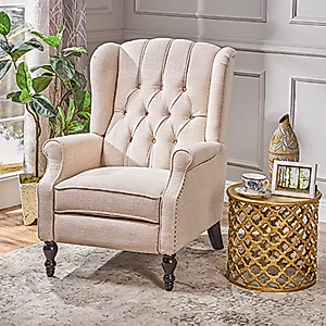 CHRISTOPHER KNIGHT HOME GDF Studio Elizabeth Tufted Fabric Recliner, Vintage Reclining Reading Armchair, Light Beige