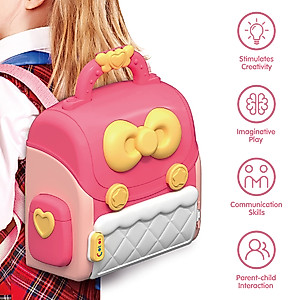 iPlay, iLearn Backpack Dollhouse Playset for Girls 3-5, Kids Pretend Play Doll House Set W/ Portable Backpack, Dolls, School Accessories, Birthday Gifts for 4 5 6 Year Olds Children Toddlers