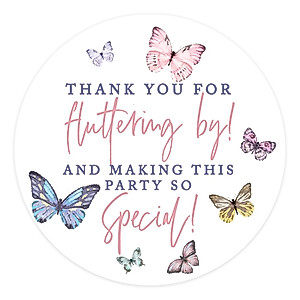 Andaz Press Kids Party Favor Thank You Stickers, Thank You for Fluttering by 80-Pack 2-Inch Round Butterfly Birthday Sticker Labels for Baby Shower 1st Birthday Party Favors, Gift Bags, Girls