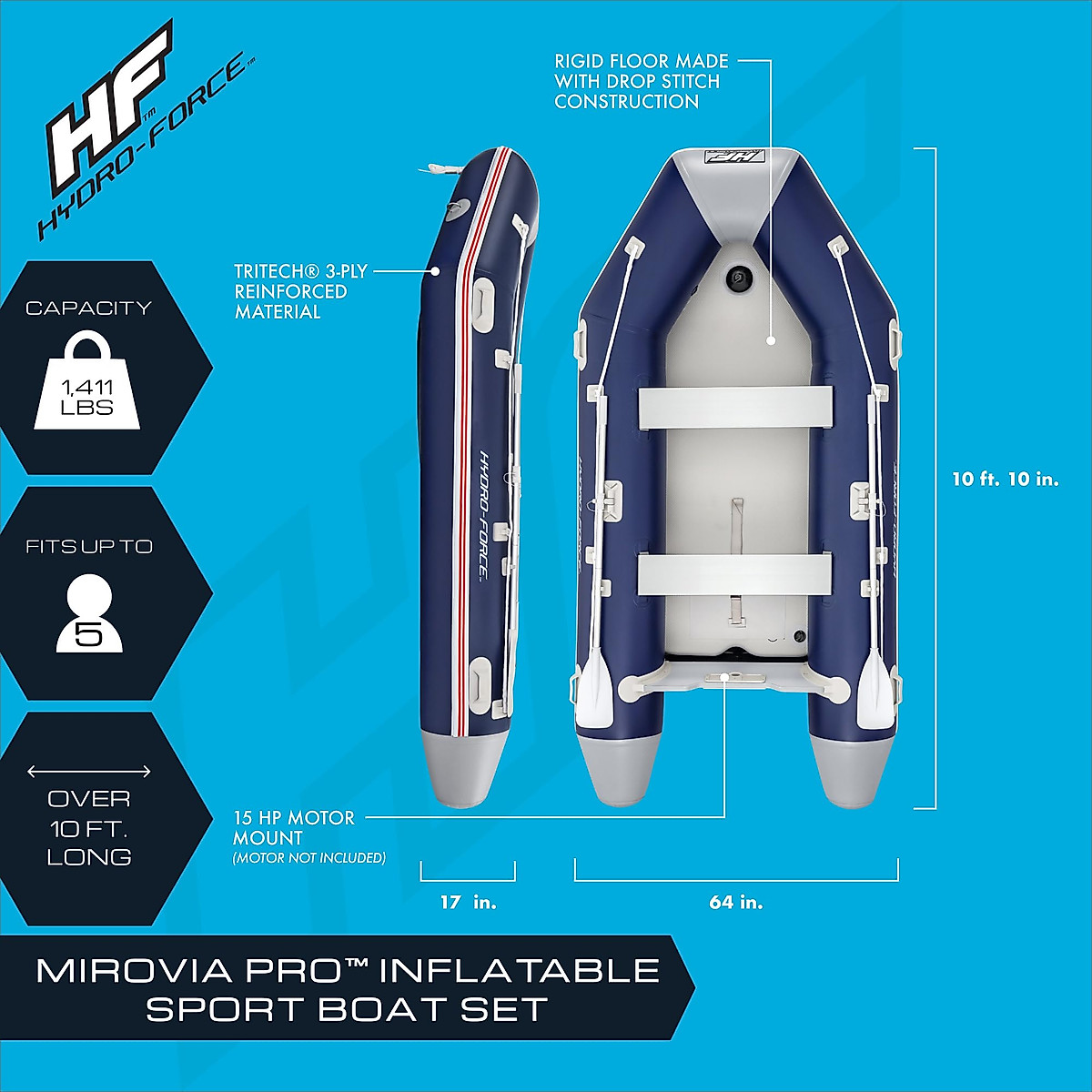 Bestway Hydro-Force Mirovia Pro Inflatable 5 Person Outdoor Water Lake Raft Boat Set with 2 Aluminum Oars, Hand Pump, Pressure Gauge, and Repair Patch