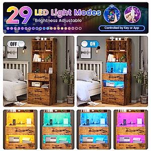 AOGLLATI Tall Night Stand with Charging Station and LED Lights, Nightstand with 3 Drawers, Bedside Table with Bookshelf, Modern End Side Table for Bedroom, Rustic Brown