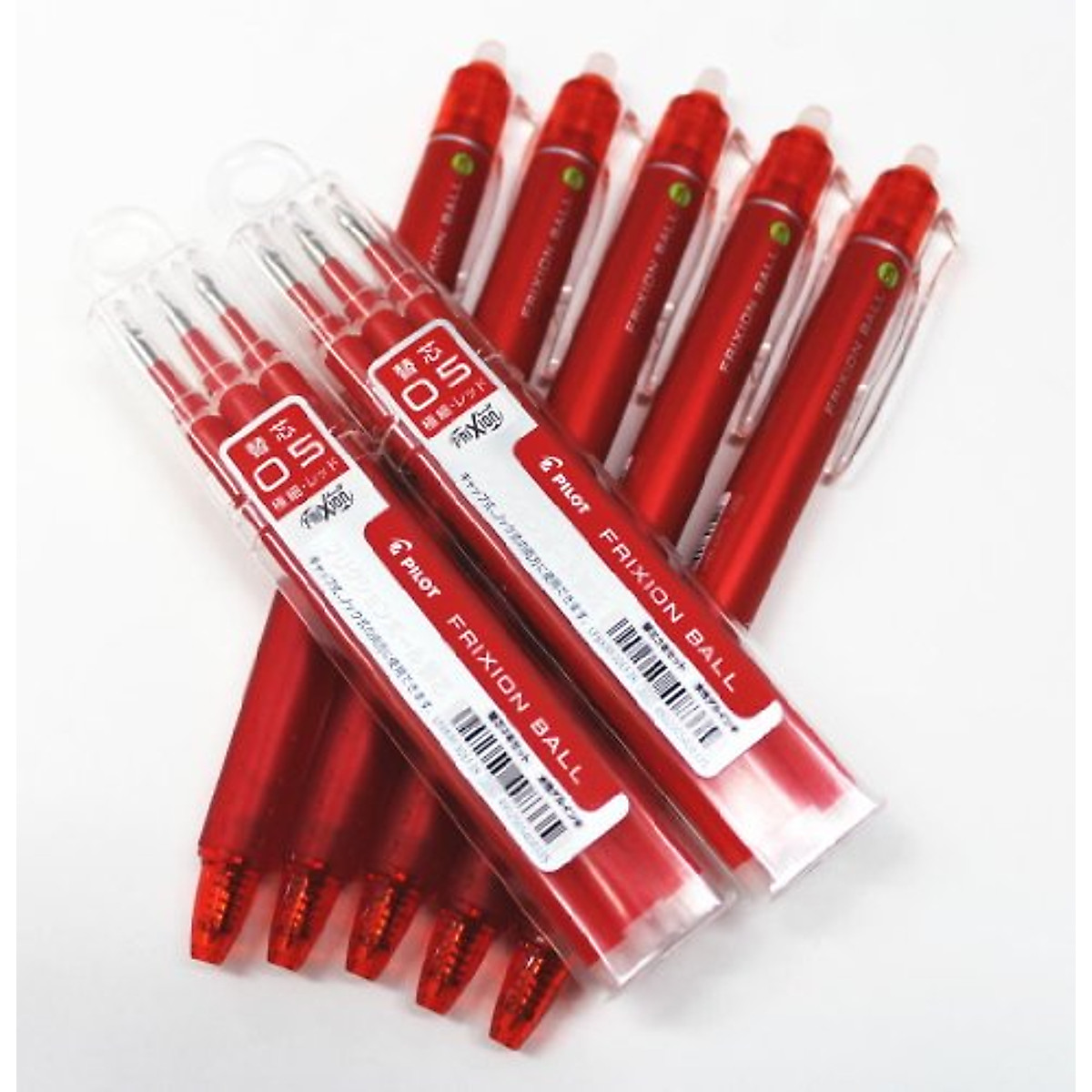 Pilot Frixion Ball Knock Retractable Erasable Gel Ink Pens,fine Point, - 0.5 mm - Red Ink- Value Set of 5 & 6 Gel Ink Pen Refill Pack