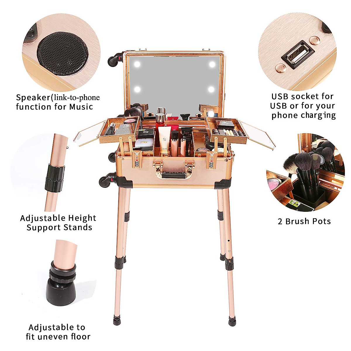 Jula Vance Medium Makeup Train Case with Code Lock, Lighted Mirror, Speaker Travel Cosmetic Organizer Box, Professional Artist Trolley Studio Free Standing Case
