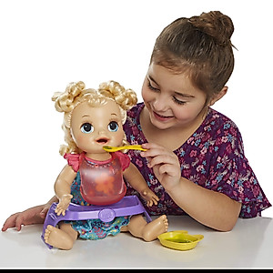 Baby Alive Happy Hungry Baby Blond Curly Hair Doll, Makes 50+ Sounds & Phrases, Eats & Poops, Drinks & Wets, for Kids Age 3 & Up, Brown/A (E4894)