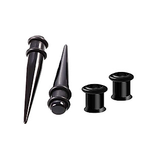 HEKEUOR 4 Piece Acrylic Tapers and Steel Single Flared Tunnel Plugs Ear Stretching Kit 7mm/1g (Black + Black)