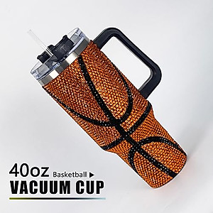 Cupcupmore 40oz Basketball Bling Rhinestone Stainless Steel Sippy Tumbler Glitter Vacuum Insulated Water Bottle with Straw & Lid &Handle,Thermos for Hot & Cold Drinks,Car Cup Holder,Coffee