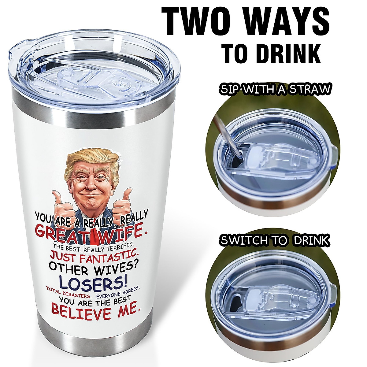 Paoren Funny Birthday Gifts, Great Wife Coffee Mug, 20oz Best Wife Gift Ever Tumbler with Lid and Straw for Wedding Anniversary, White